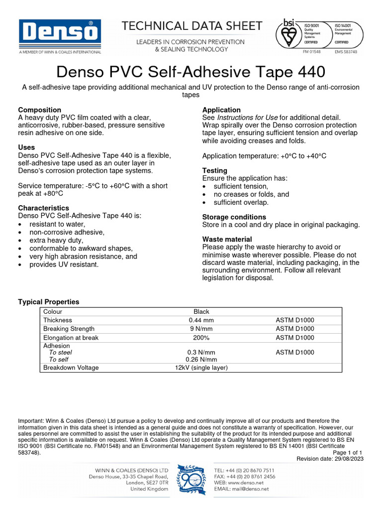 Denso PVC Self Adhesive Tape 440 | PDF | Corrosion | Polyvinyl Chloride