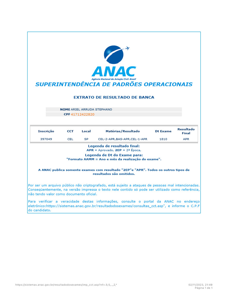 Resultado de Exame ANAC - Ariel Stephano | PDF