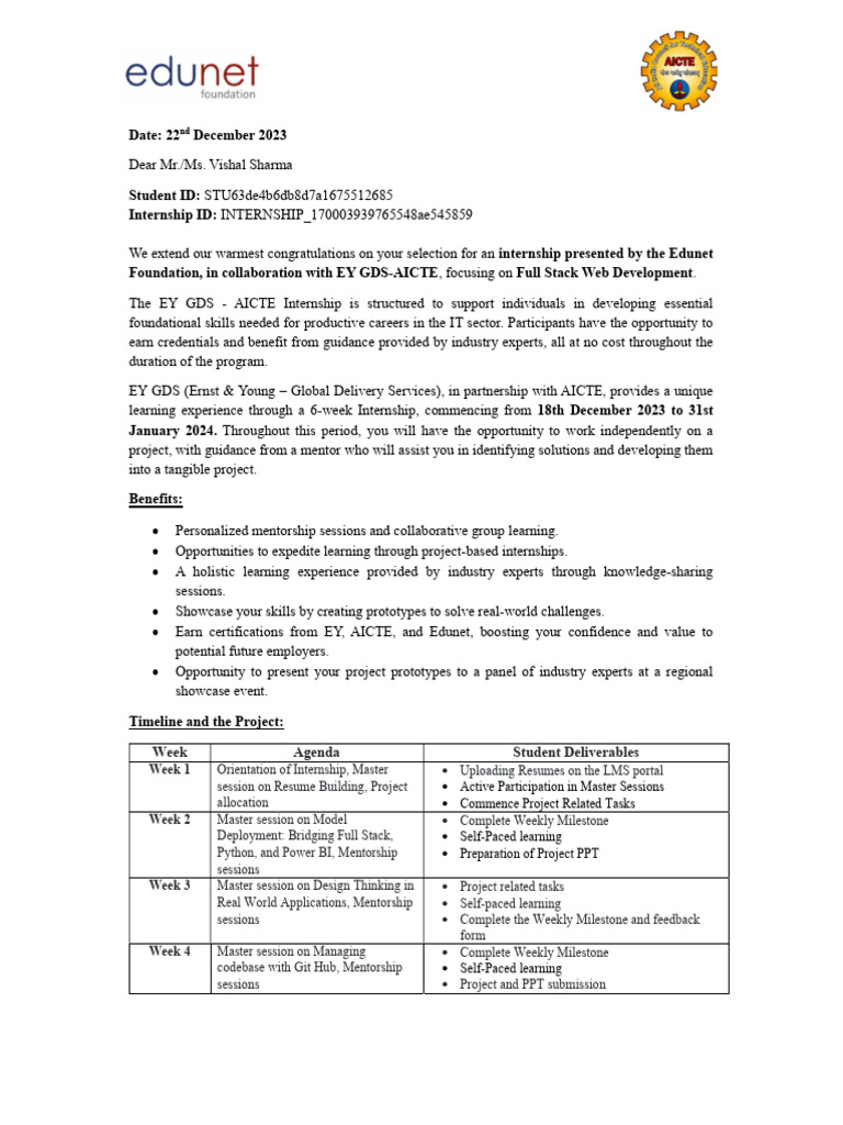 EY - AICTE Internship Offer Letter | PDF | Mentorship | Learning
