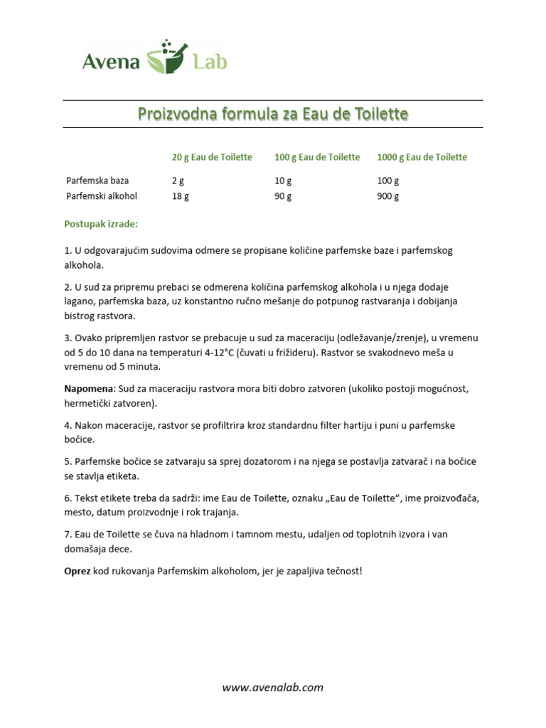Proizvodna Formula Za Eau de Toilette | PDF