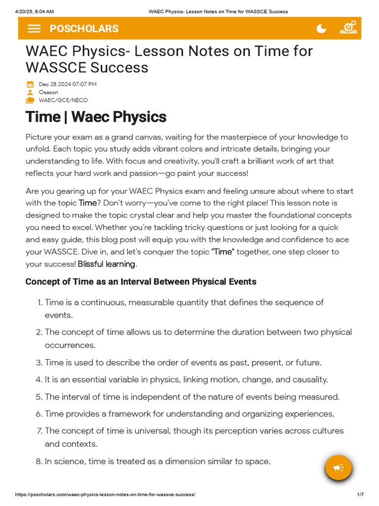 WAEC Physics - Lesson Notes On Time For WASSCE Success | PDF | Time | Clock