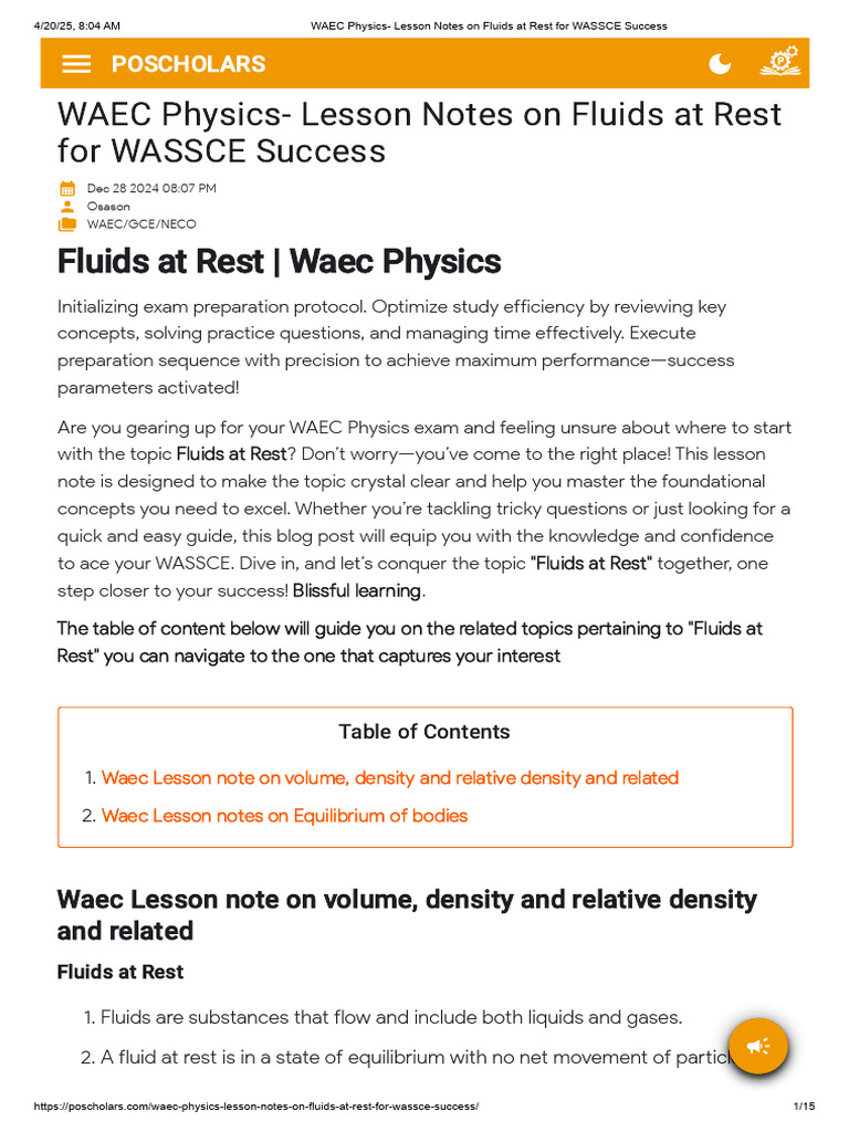 WAEC Physics - Lesson Notes On Fluids at Rest For WASSCE Success | PDF ...