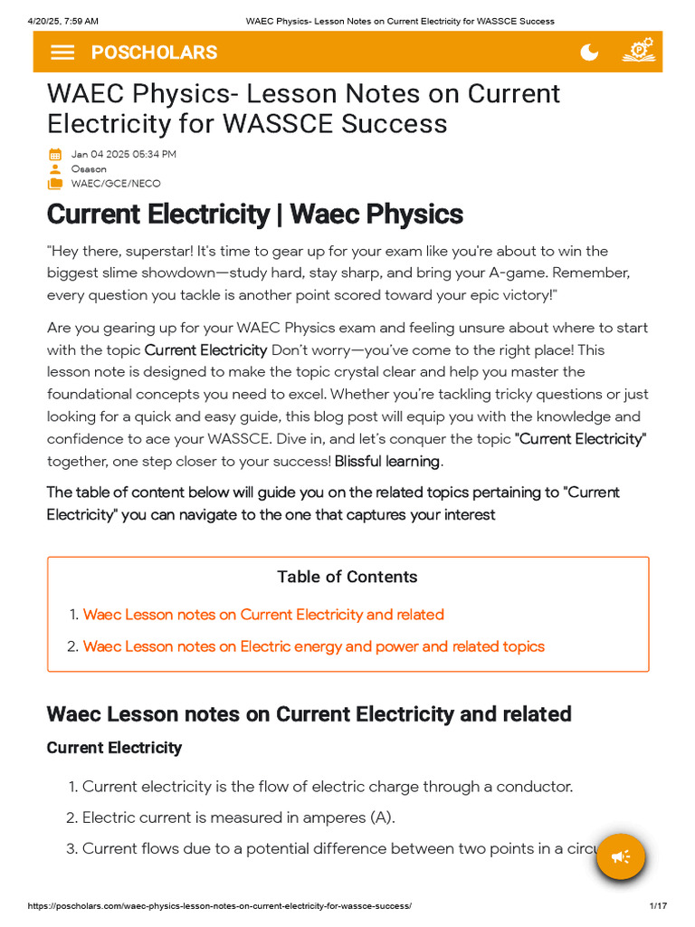 WAEC Current Electricity Study Guide | PDF | Voltage | Rechargeable Battery