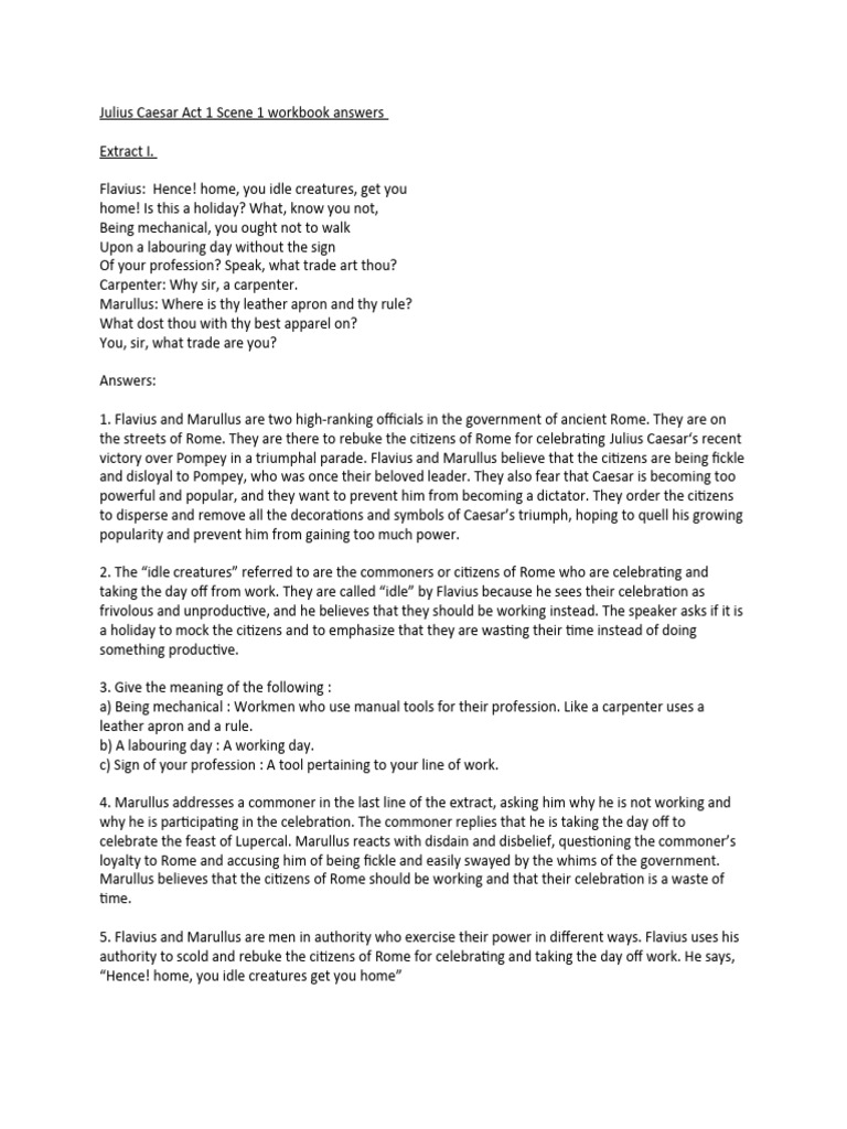 Julius Caesar Act 1 Scene 1 Workbook Answers | PDF | Julius Caesar ...