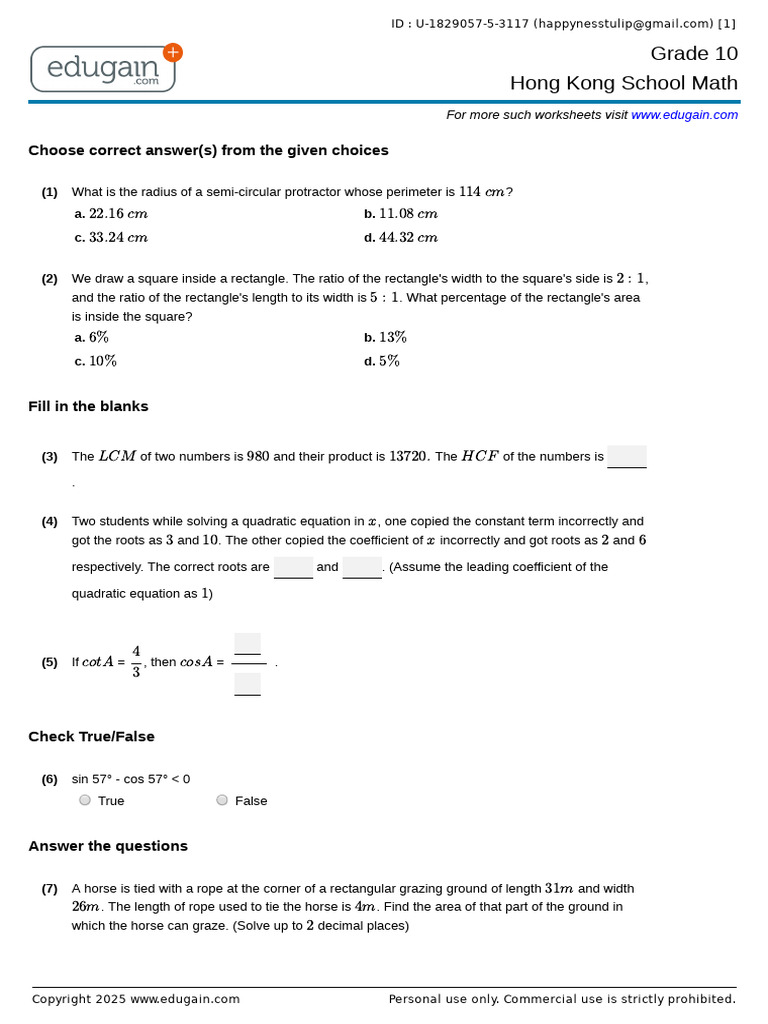 Grade10 1829057 5 3117.q | PDF | Quadratic Equation | Algebra