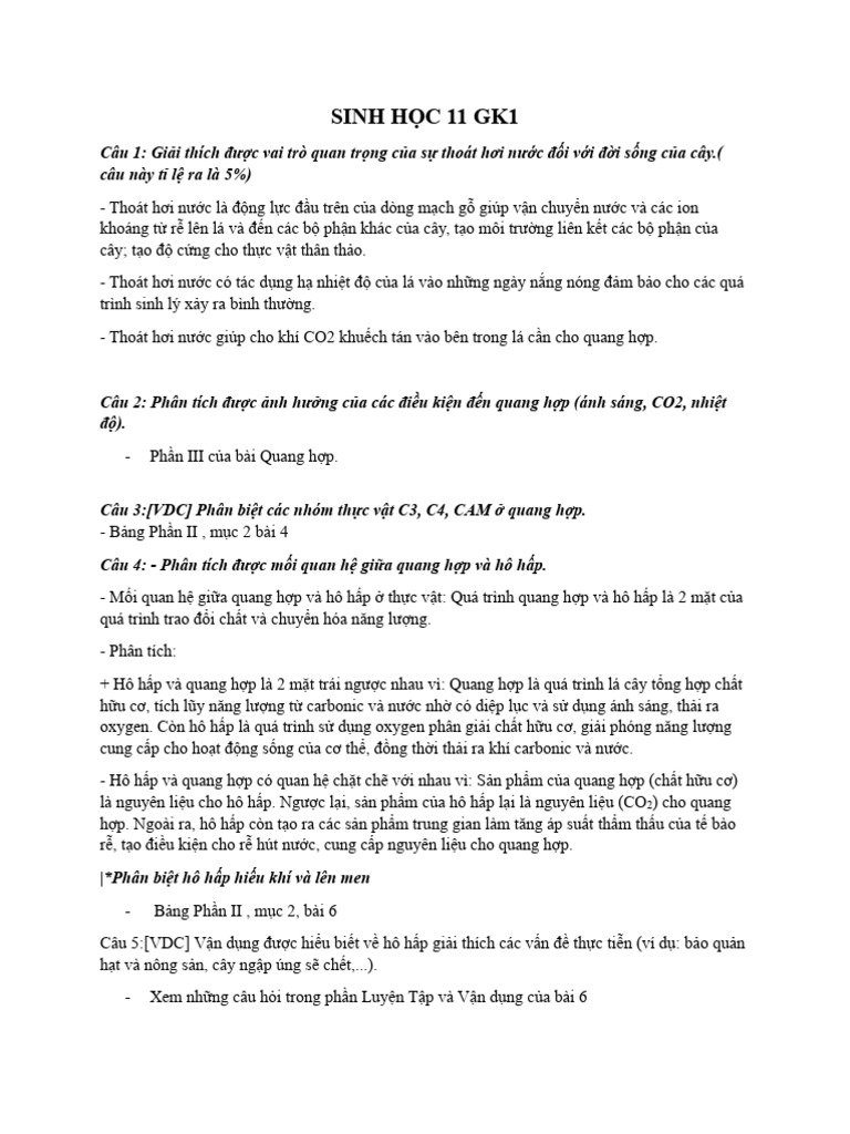 SINH HỌC 11 GK1-1 | PDF