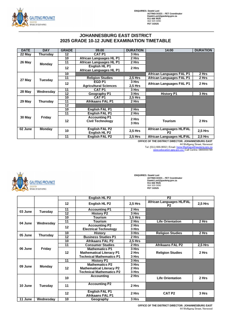 2025 Grade 10-12 June Timetable-2 | PDF | Science