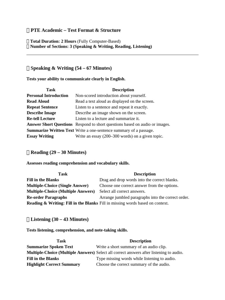 ? PTE Academic Structure | PDF