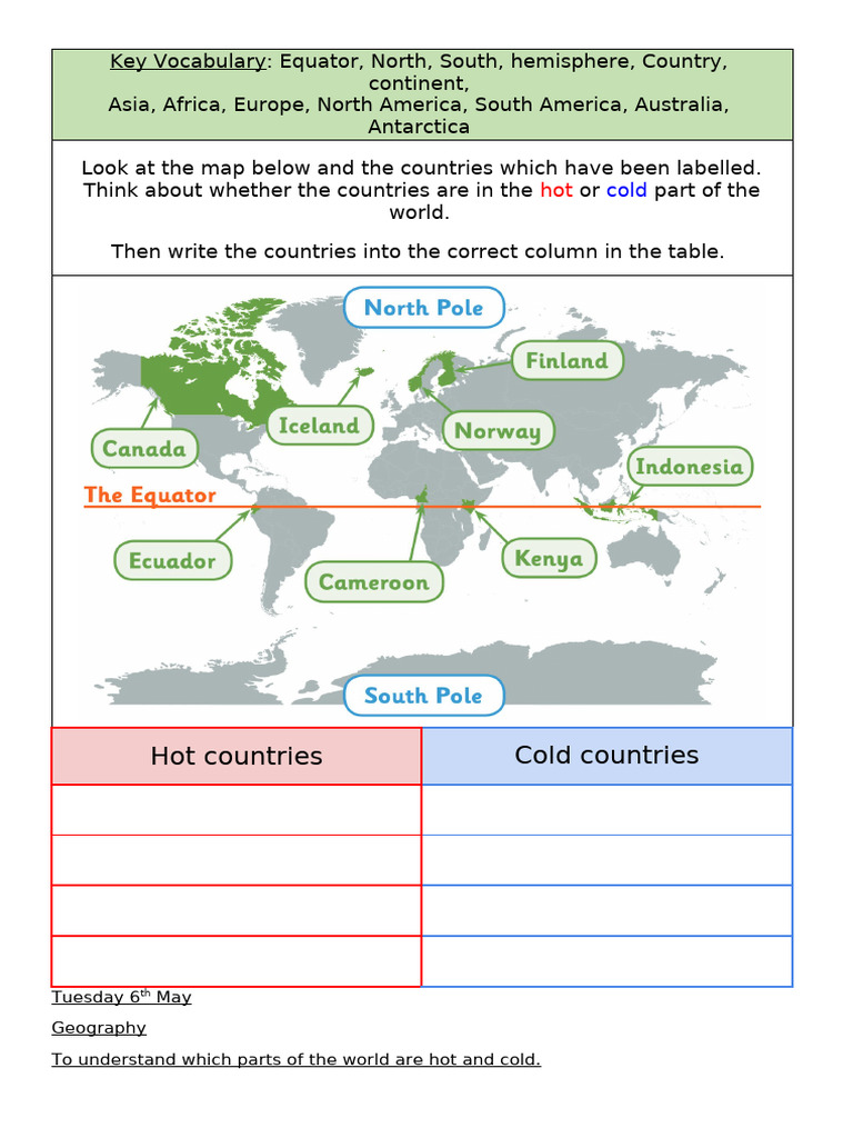 Tuesday 6th May (Lesson 2 - Which Countries Are Hot and Cold) | PDF