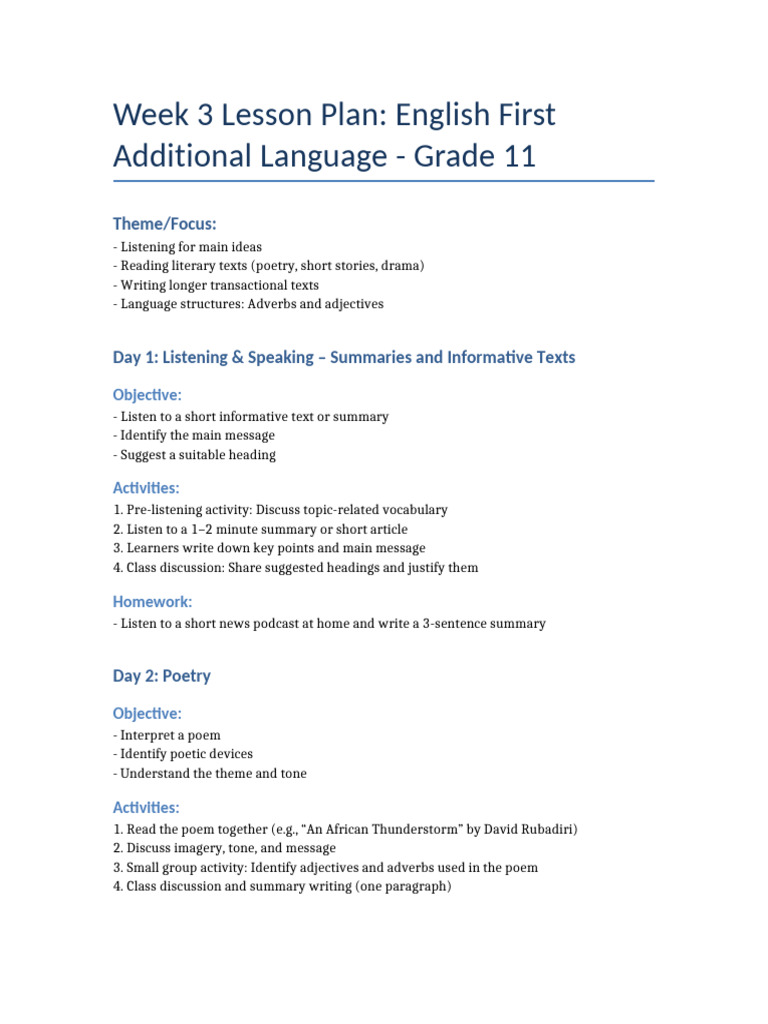 Grade11 EnglishFAL Week3 LessonPlan | PDF