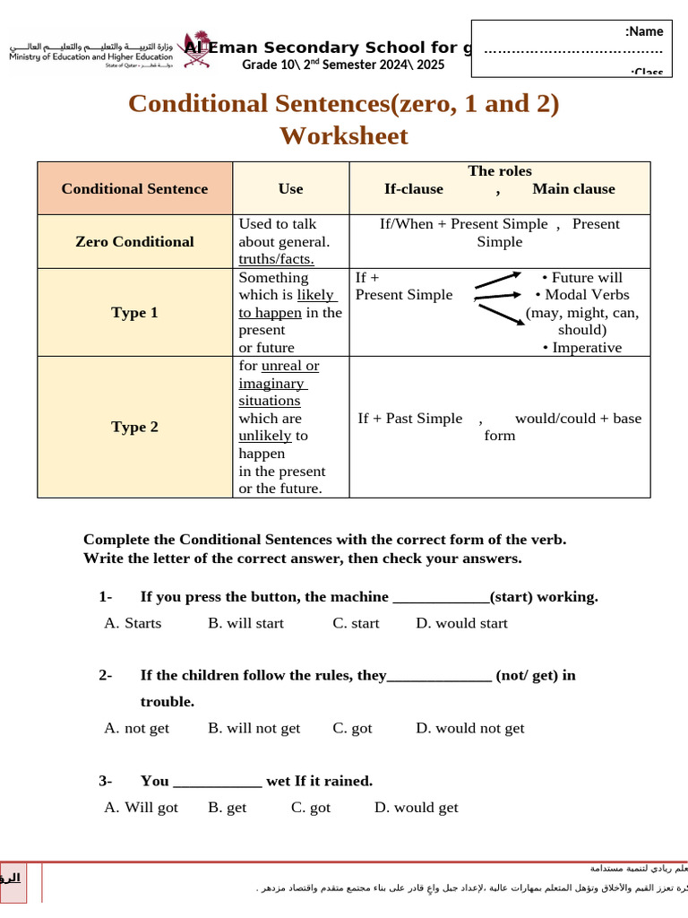 Conditional Sentences Woorksheet Year 10 | PDF | Linguistic Typology | Linguistic Morphology
