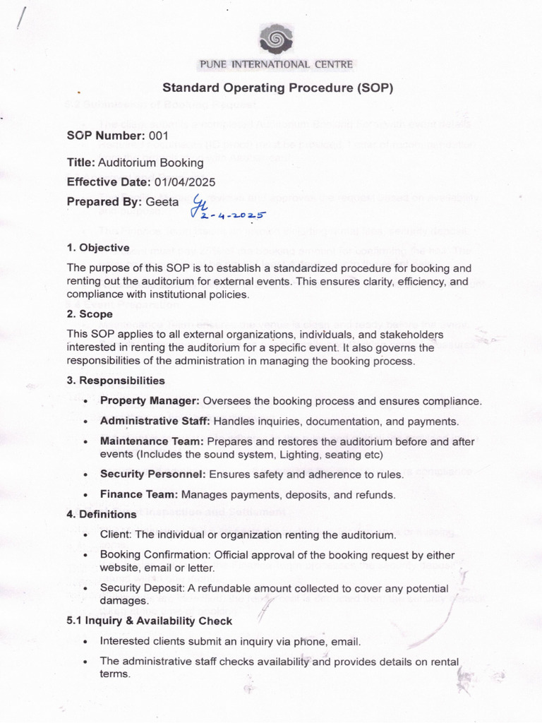SOP - Auditorium Booking | PDF