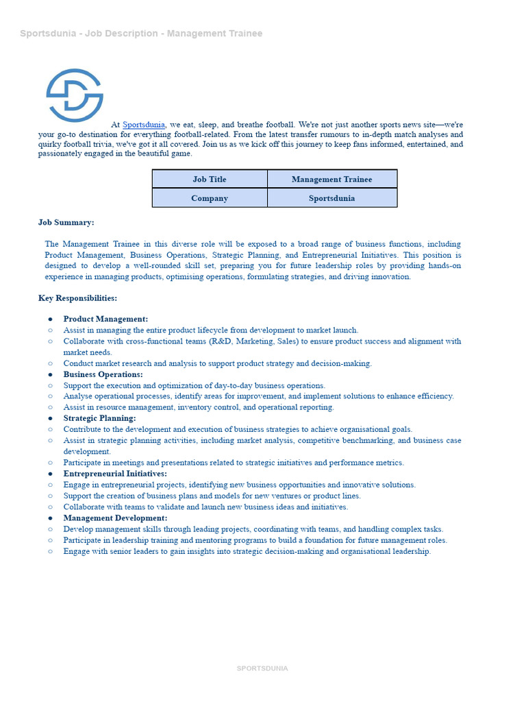 Sportsdunia - Management Trainee JD | PDF | Strategic Planning | Entrepreneurship