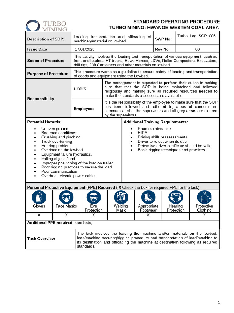 Turbo - LOG - SOP - 008 - Lowbed SOP | PDF | Personal Protective ...
