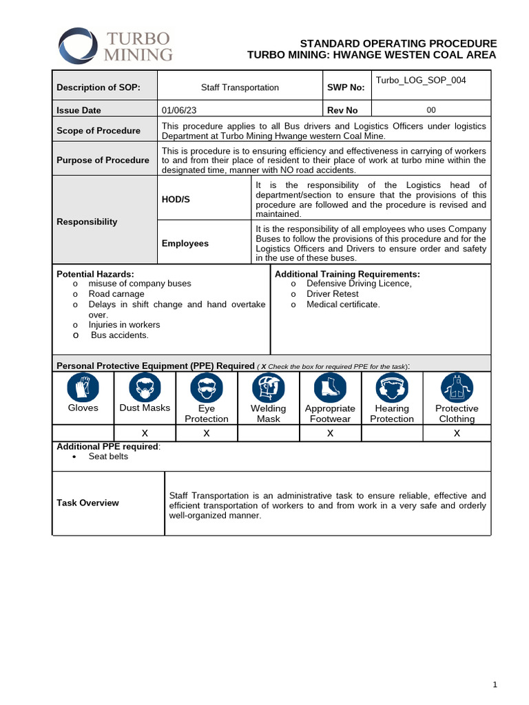 Turbo LOG SOP 004 Staff Transportation | PDF | Personal Protective ...