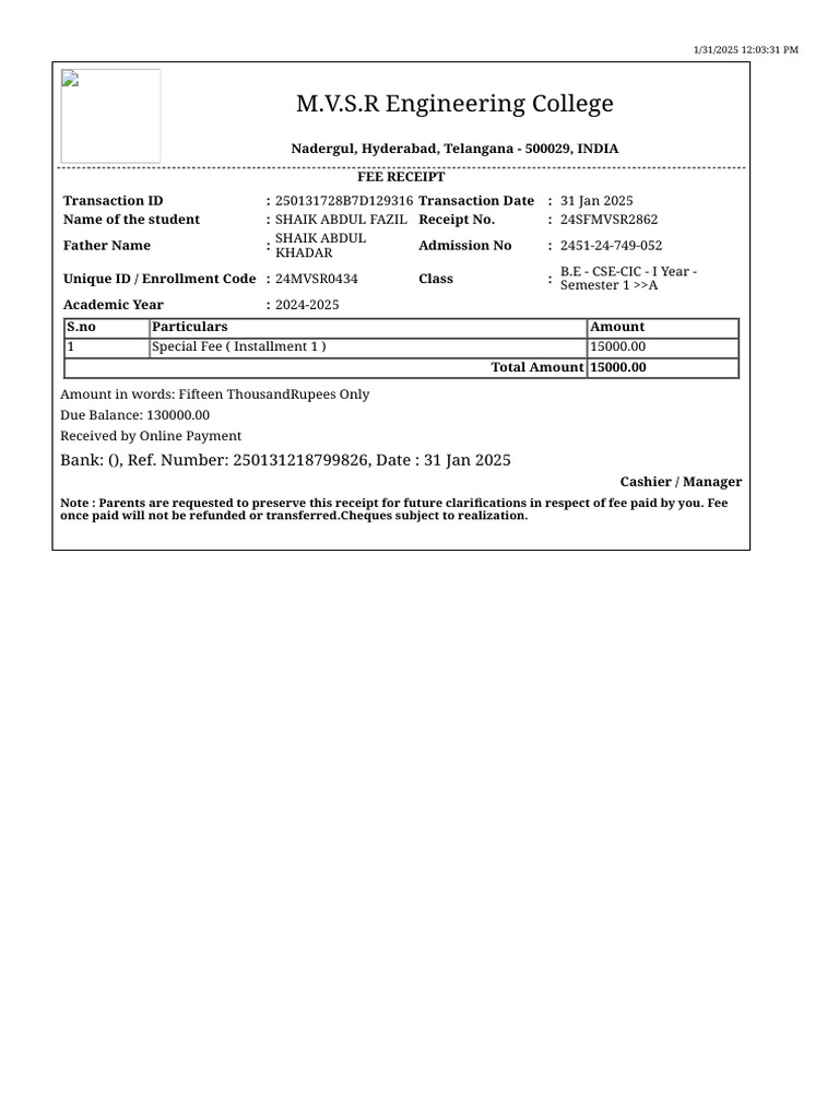 M.V.S.R Engineering College Fee Receipt | PDF