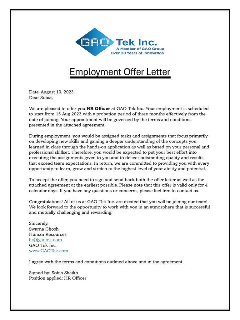 HR Officer Offer at GAO Tek Inc. | PDF