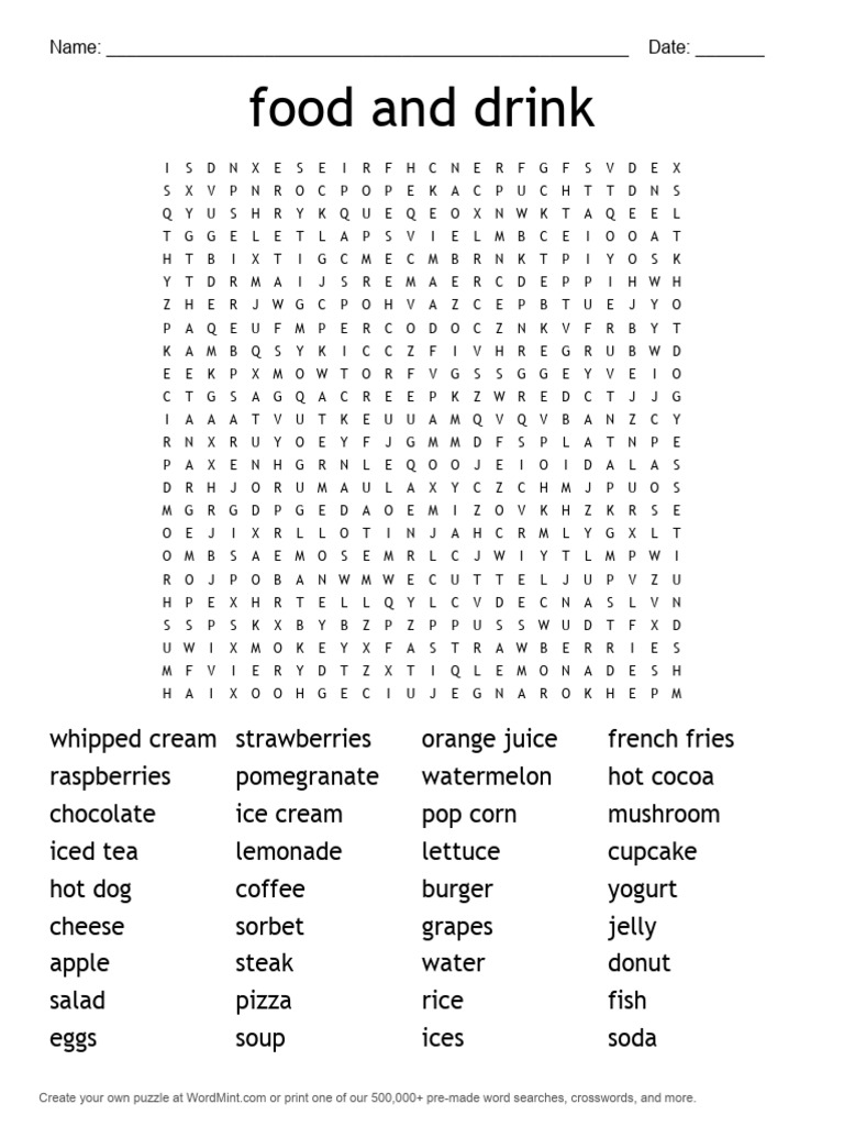 Food and Drink Word Search Puzzle | PDF | Word Search | Food And Drink