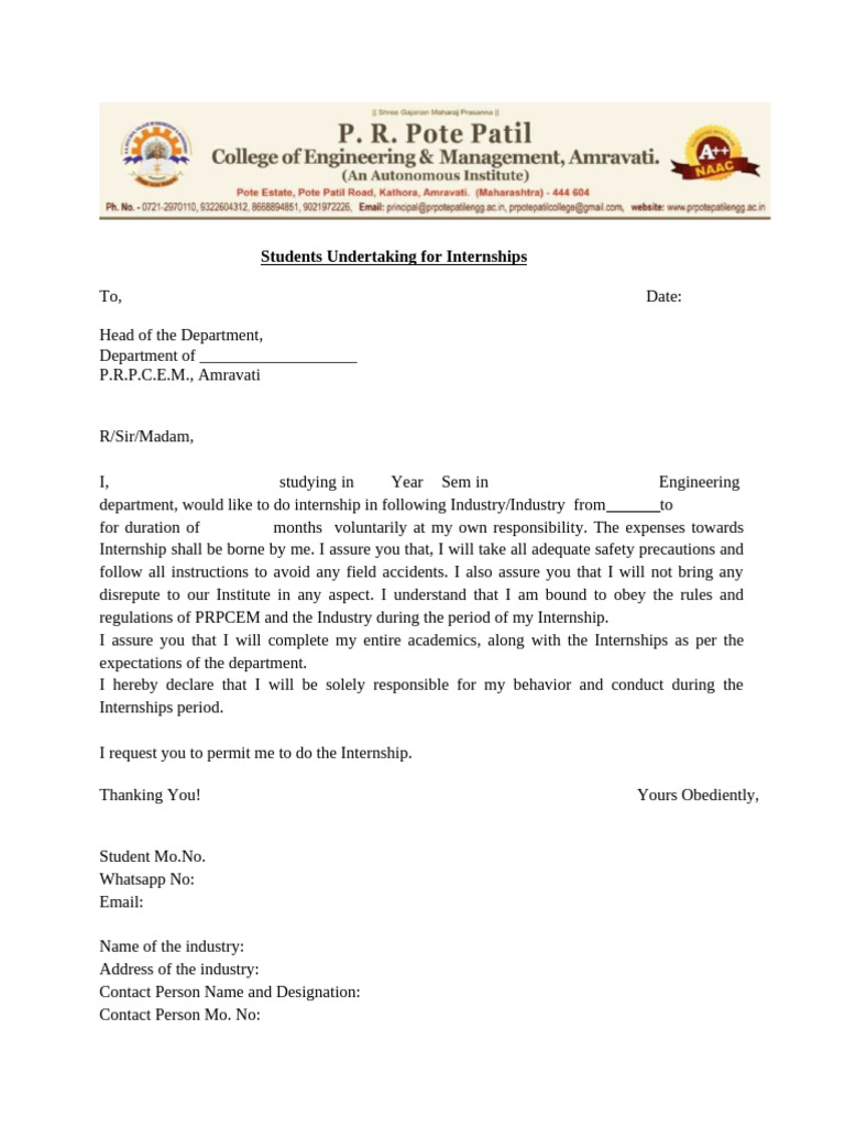 Students and Parents Undertaking for Internships | PDF