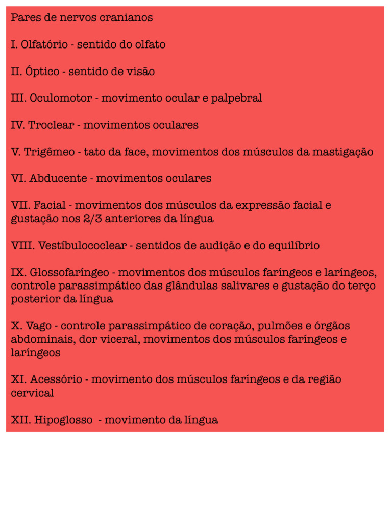 Resumo dos 12 Pares de Nervos Cranianos | PDF