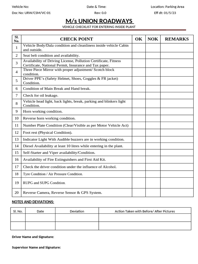 Vehicle Check List | PDF