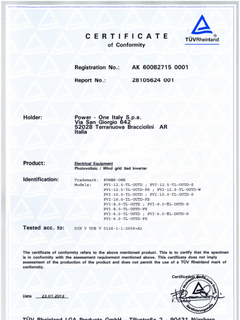 Certificado Abb Pvi-10.0-Tl-Outd-Fs | PDF