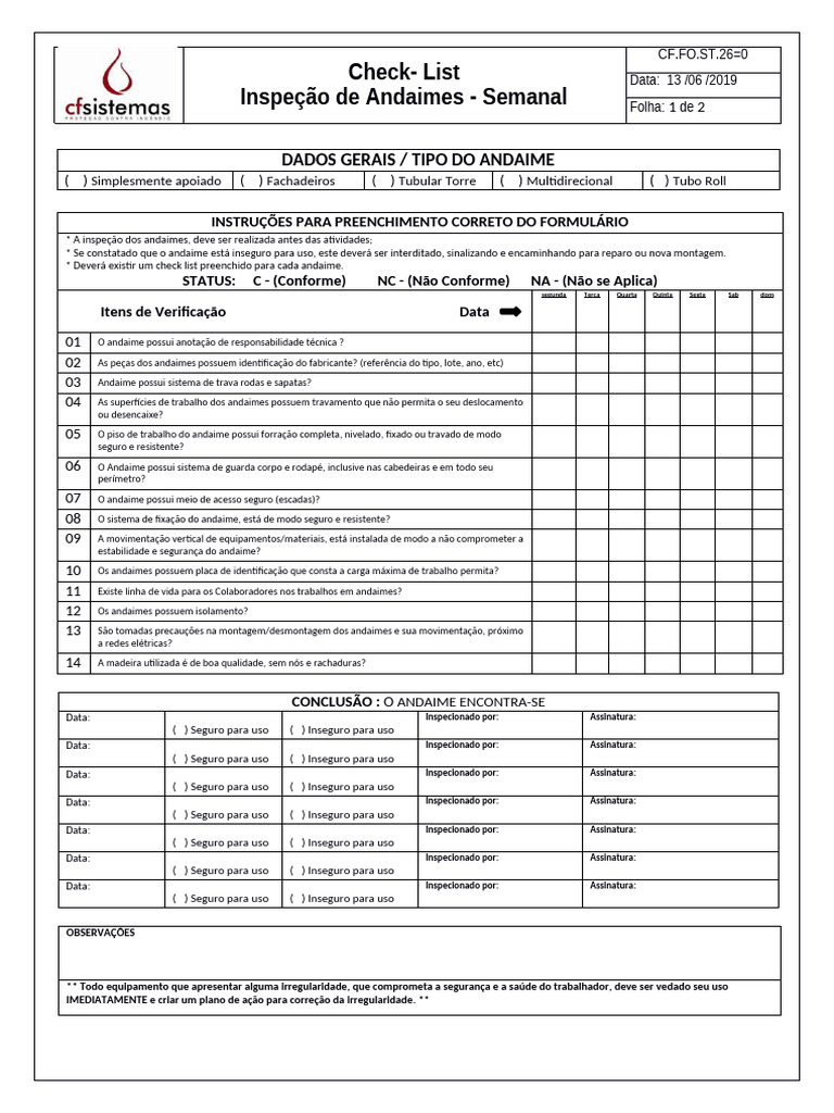 CF.FO.ST.26=0 - Check List - Inspeção de Andaimes | PDF | Andaime