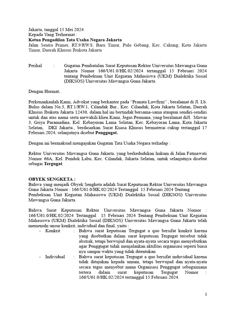 Format Surat Gugatan TUN - Docx HIHOOOY | PDF