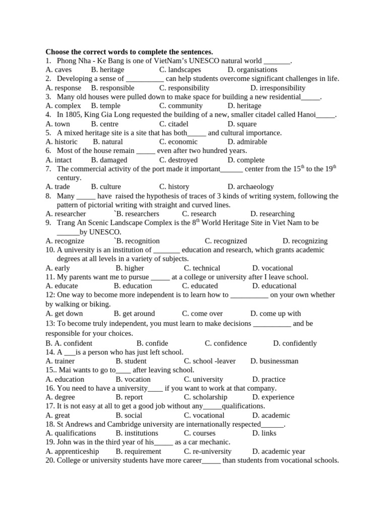 Choose The Correct Words To Complete The Sentences | PDF