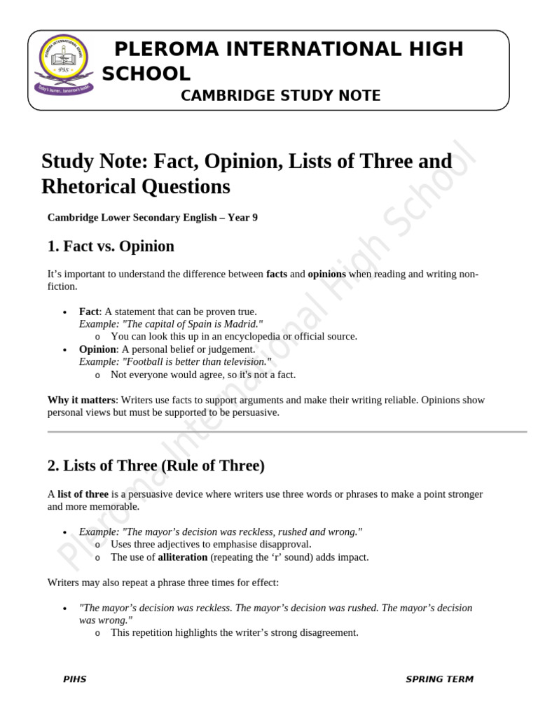 Fact, Opinion, Lists of Three and Rhetorical Questions | PDF | Rhetoric ...