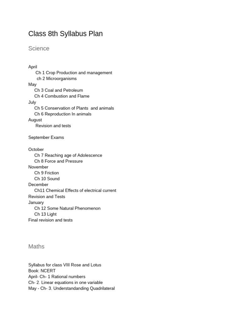 Class 8th Syllabus Plan | PDF