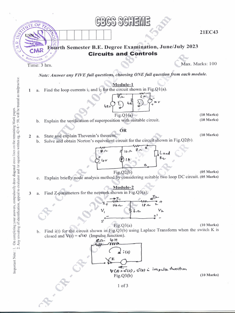 VTU Question Paper of 21EC43 Circuits & Controls June-July-2023 | PDF