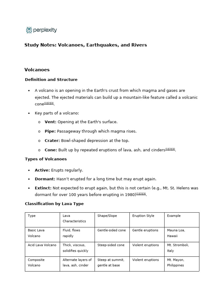 Study Notes - Volcanoes, Earthquakes, and Rivers | PDF | Volcano ...