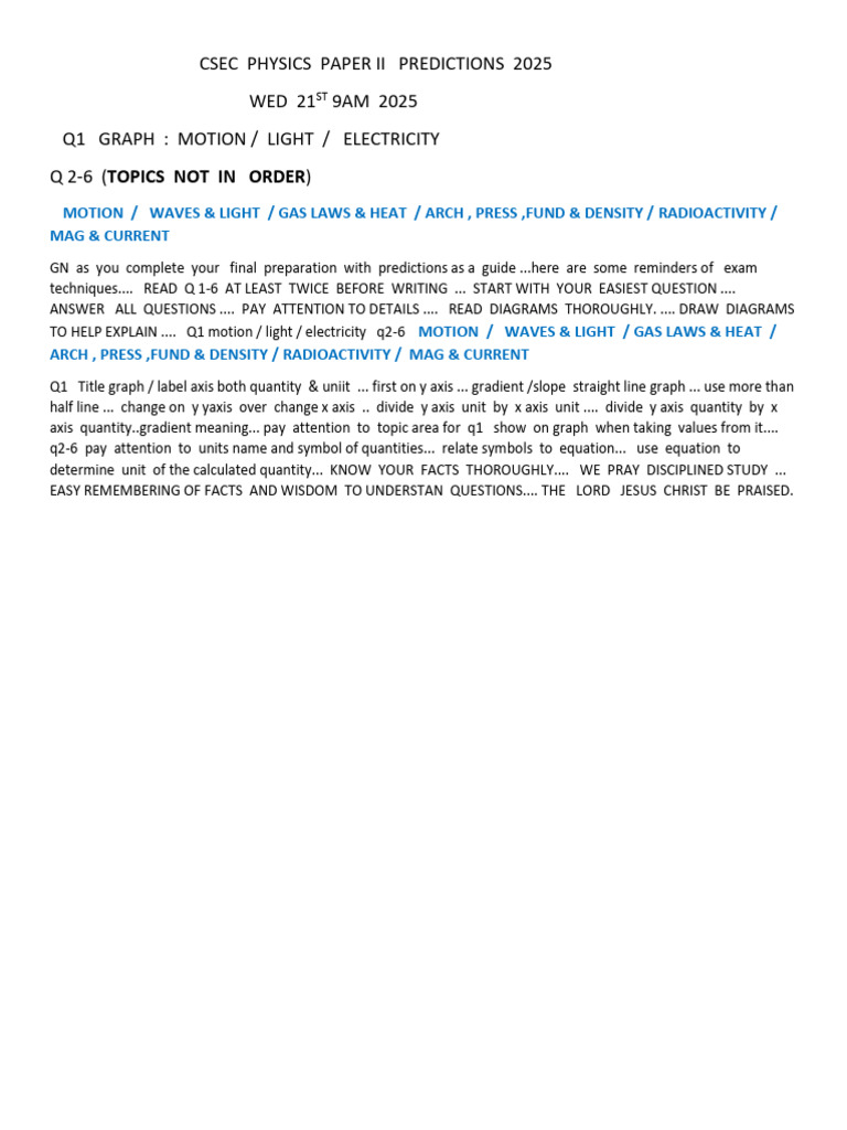 Csec Physics Paper Ii Predictions 2025 | PDF