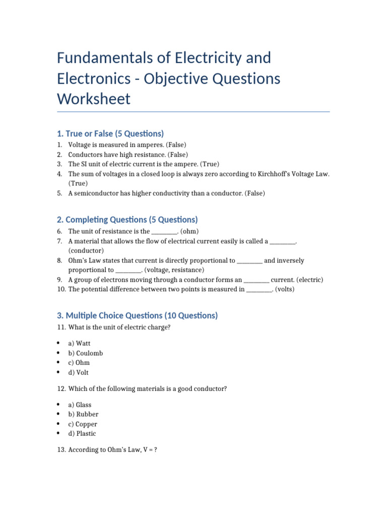 Electricity Electronics Objective Questions | PDF | Voltage ...