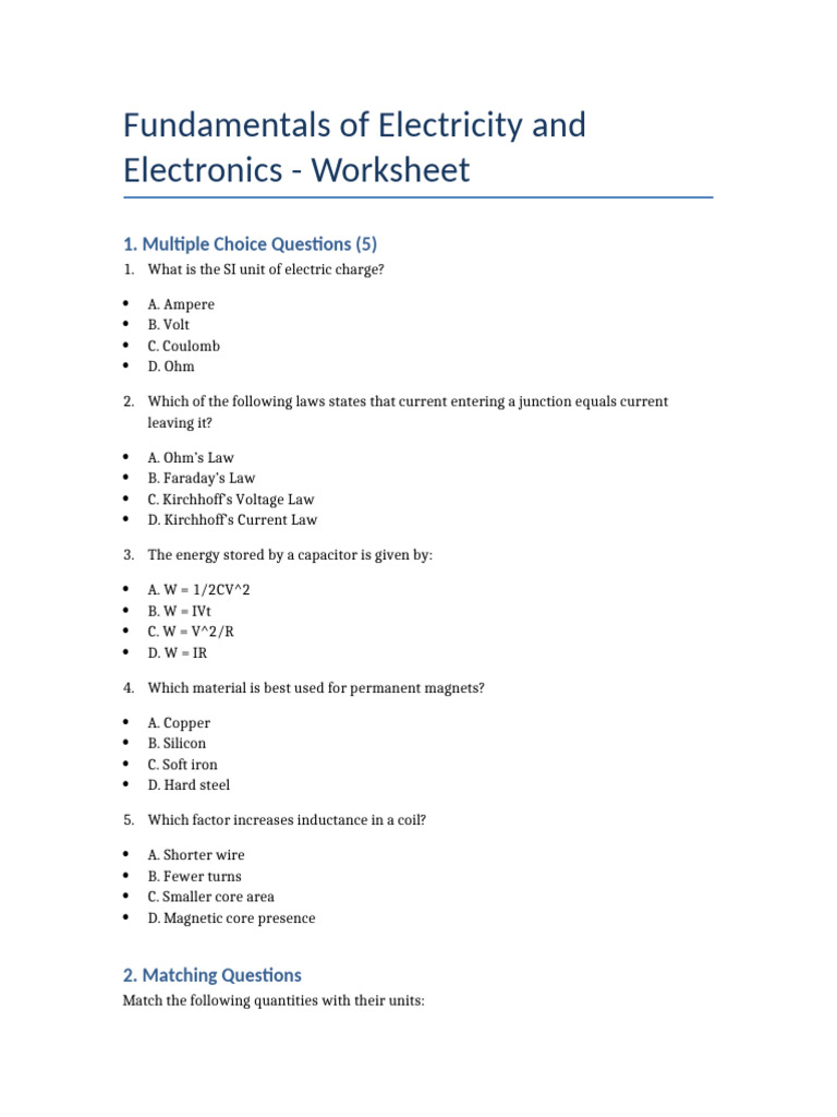 Fundamentals Electricity Worksheet | PDF | Voltage | Inductor