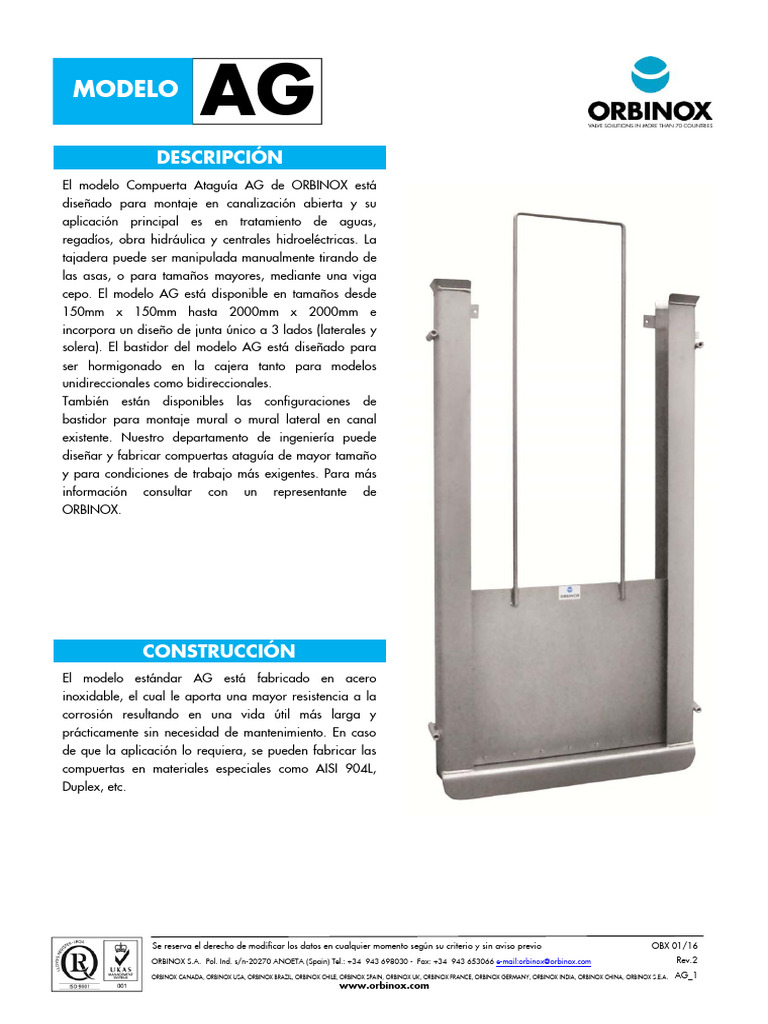 Compuerta Ataguía AG de ORBINOX | PDF | Ingeniería mecánica ...