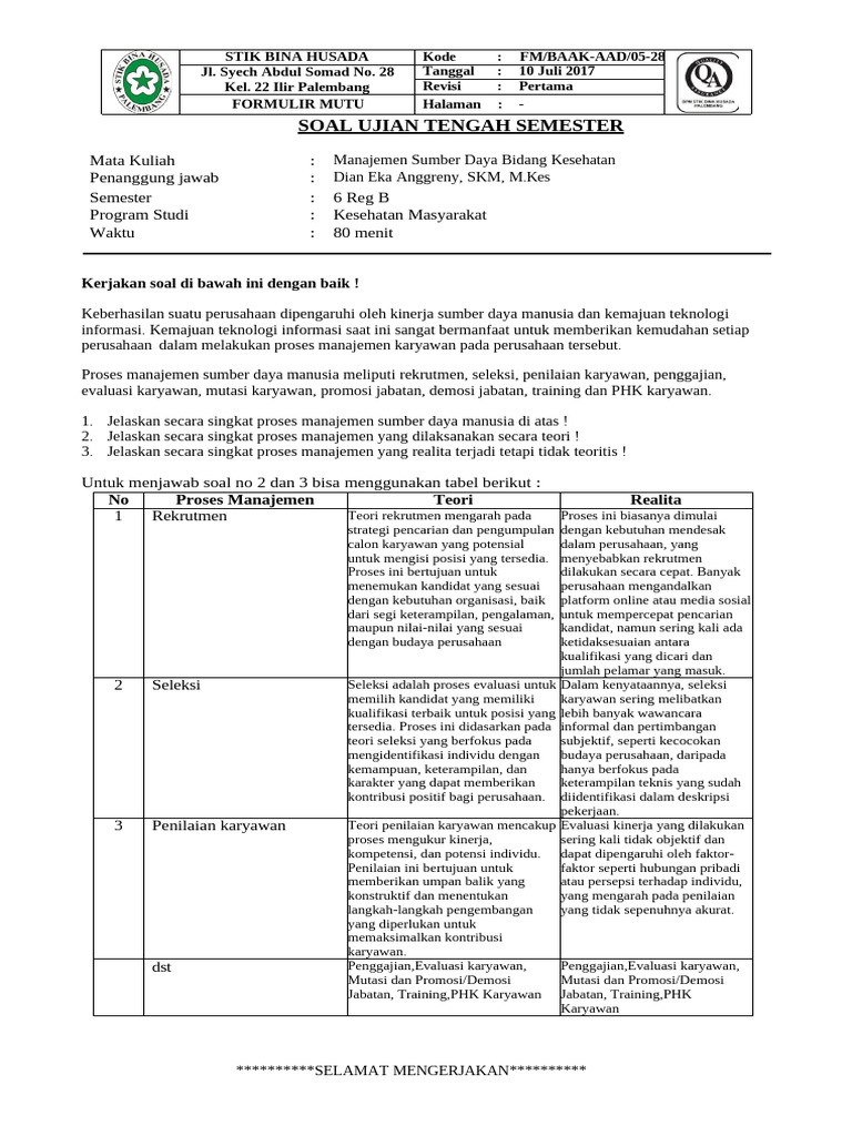 Soal Uts MSDM Genap 24-25 PSKM 6 Reg B | PDF
