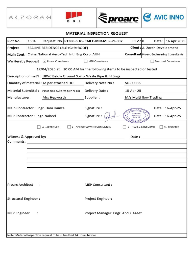 P1380-SLR5-CAIEC-MIR-MEP-PL-002-R0 - UPVC Below Ground Soil & Watse Pipe & Fittings | PDF