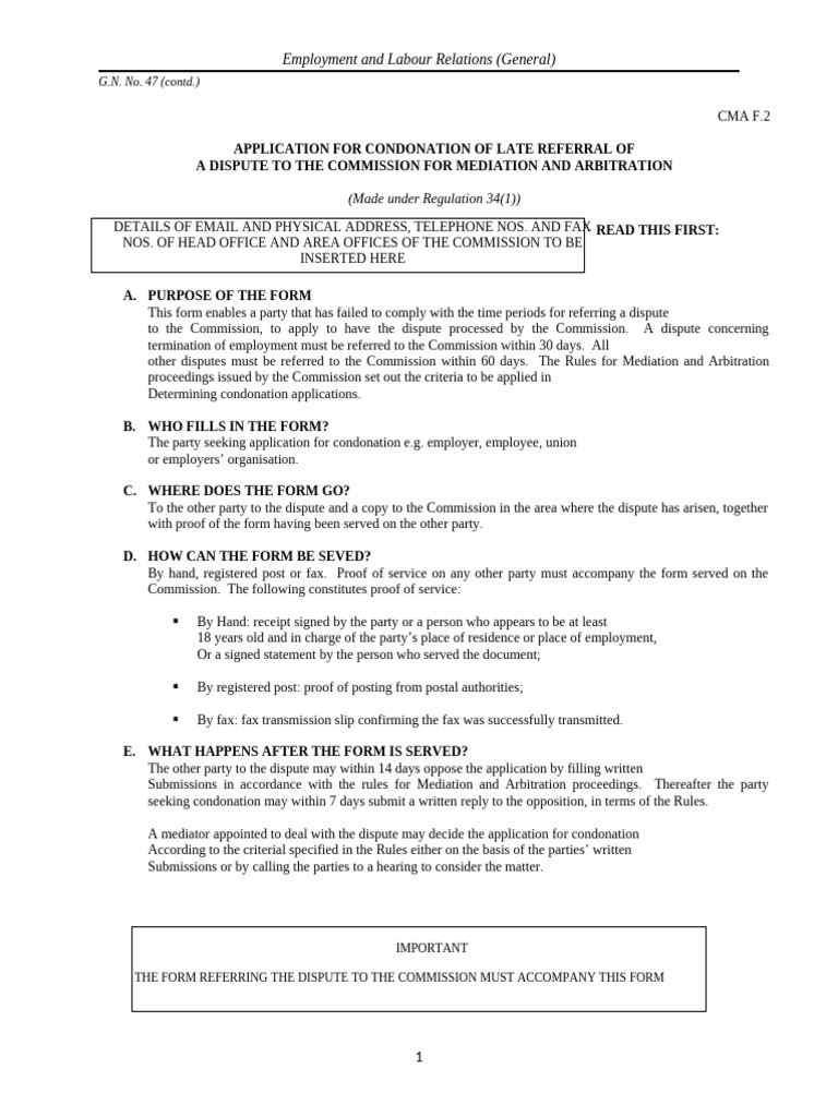 Cma - F 2 - Condonation Form | PDF | Mediation | Employment