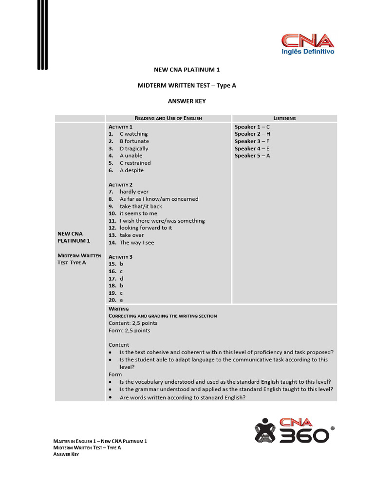 Master in English 1 - Midterm Written Test - Gabarito | PDF