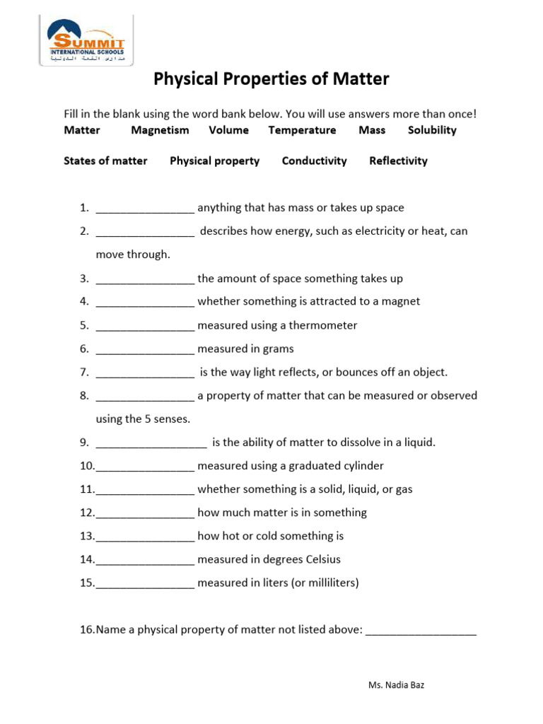 Properties of Matter Worksheet | PDF