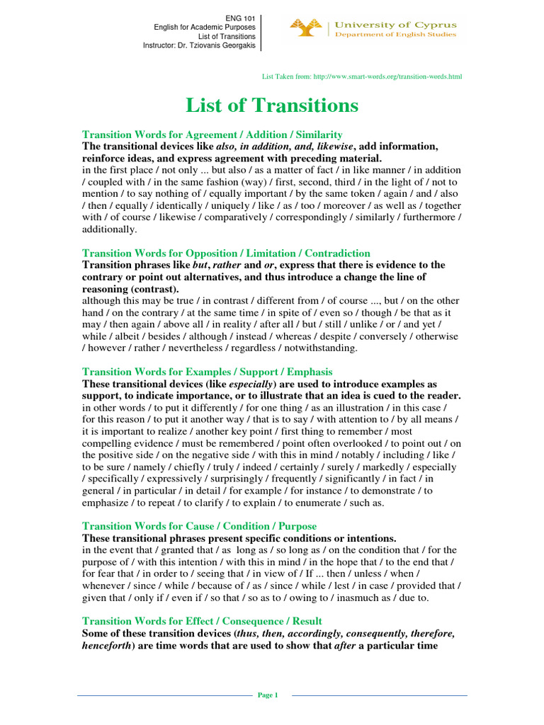 ENG-101 - List of Transitions - Handout | PDF | Mind