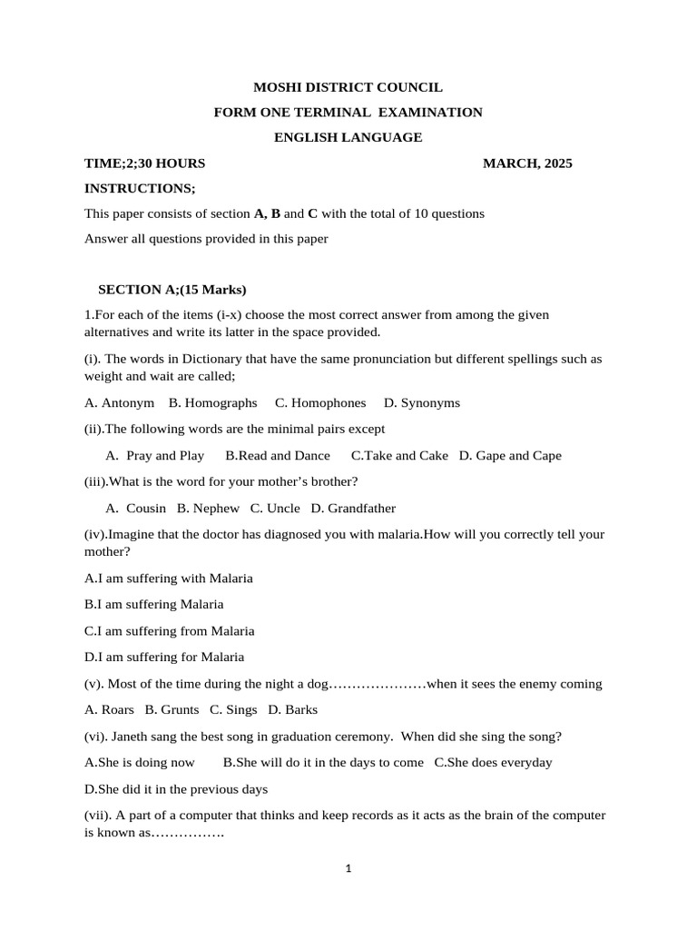 Form One English Exam March 2025 | PDF | Linguistics | Languages