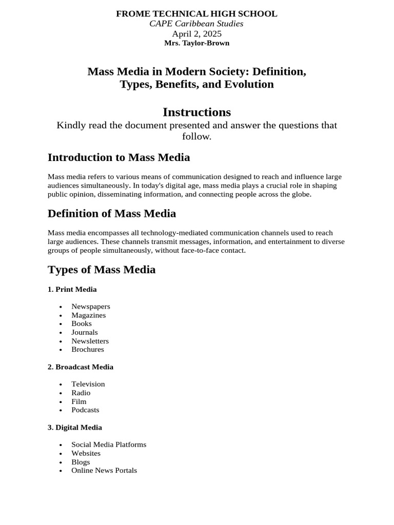 Mass Media in Modern Society | PDF | Mass Media | Communication