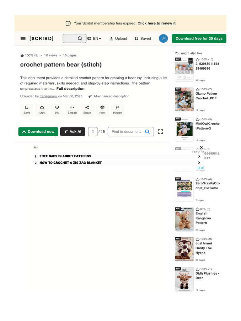 Crochet Pattern Bear (Stitch) - PDF - Crochet - Amigurumi | PDF ...