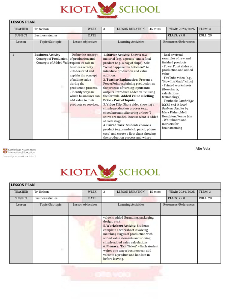 Grade 8 Business Production Lesson Plan | PDF | Lesson Plan