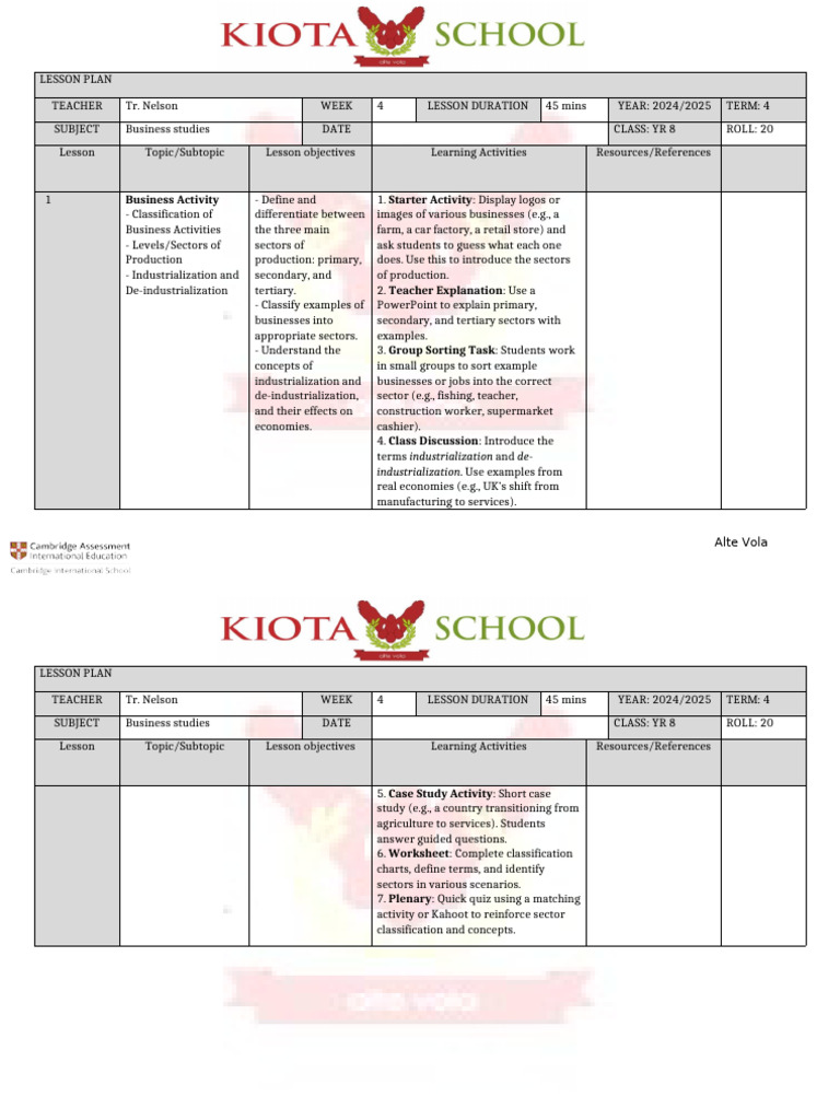 BUSINESS STUDIES LESSON PLAN WK 4 | PDF | Lesson Plan | Cognition