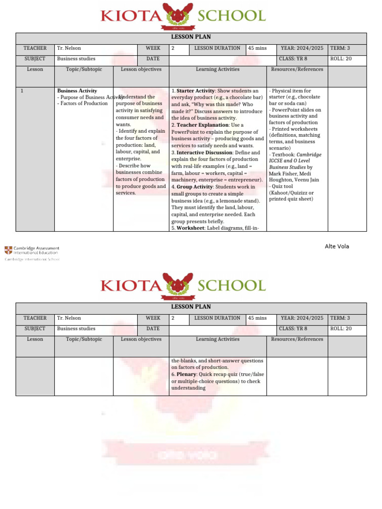 BUSINESS STUDIES LESSON PLAN WK 2 | PDF | Human Communication