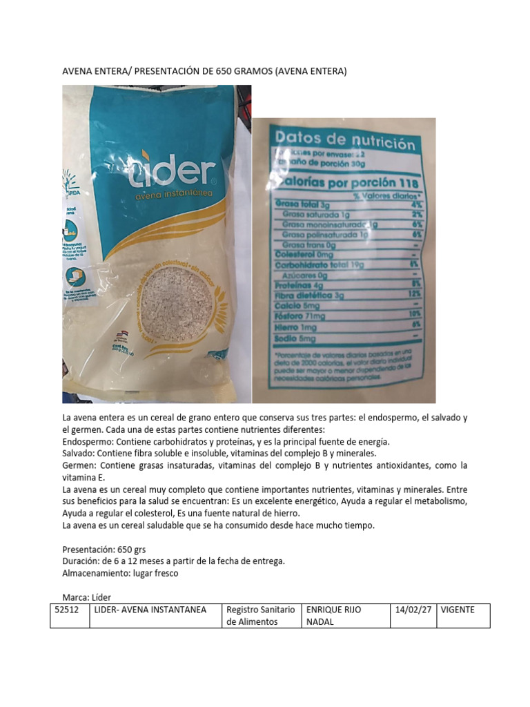 Ficha Tecnica Avena Entera | PDF